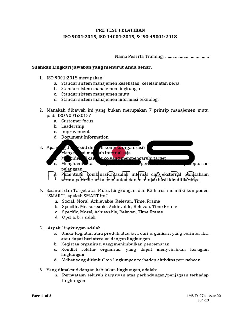 IMS-Tr-07a Soal Pre Test Integrasi | PDF