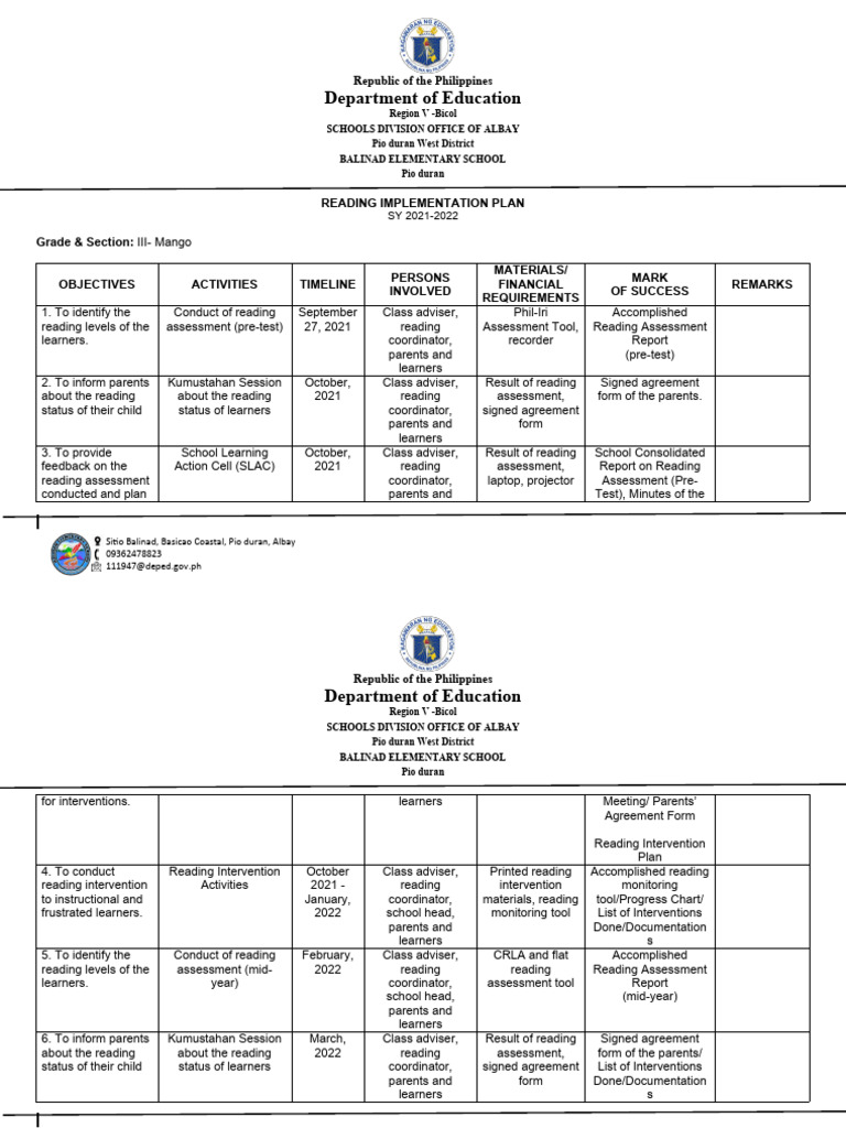 GRADE 3 Action Plan on Reading Assessment | PDF