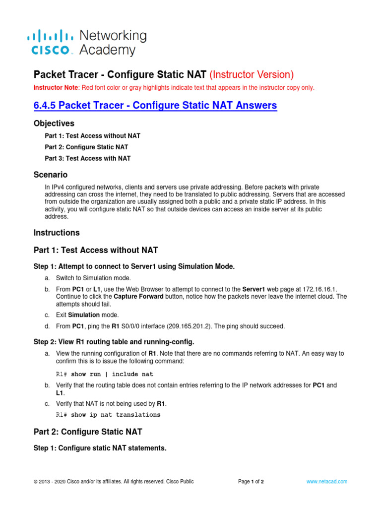 6.4.5 Packet Tracer - Configure Static NAT | PDF | Ip Address | Computer Networking