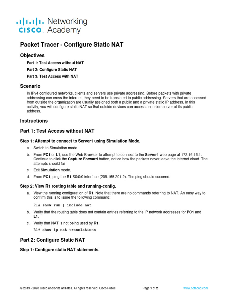 6.4.5 Packet Tracer - Configure Static NAT | PDF