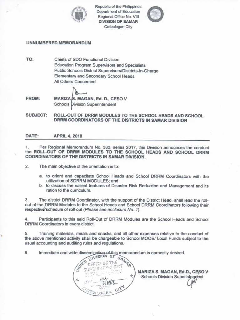 Division Memo No UM - ROLL-OUT OF DRRM MODULES TO THE SCHOOL HEADS AND ...