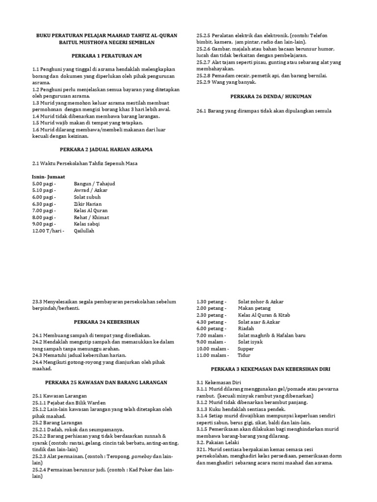 Buku Peraturan Pelajar Maahad Tahfiz Al 4 | PDF