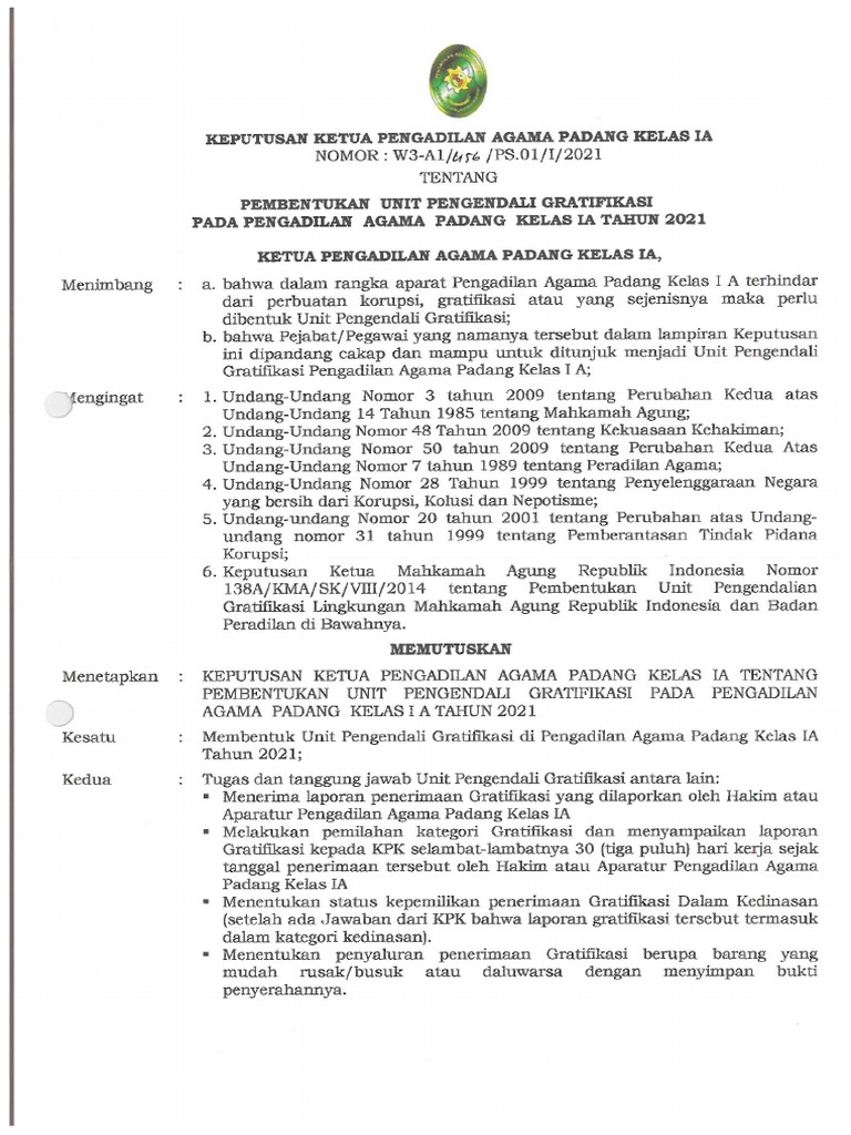 35 SK Pembentukan Unit Pengendalian Gratifikasi (Contoh) | PDF