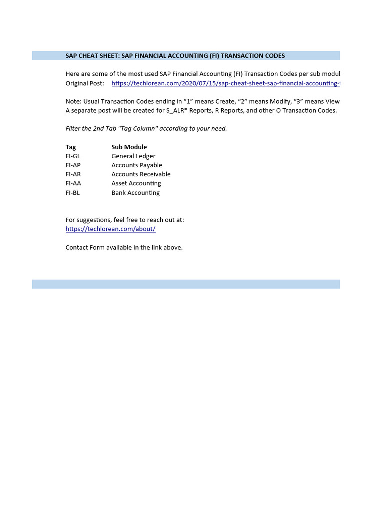 SAP FI Transaction Codes Cheat Sheet | PDF | Finance & Money Management