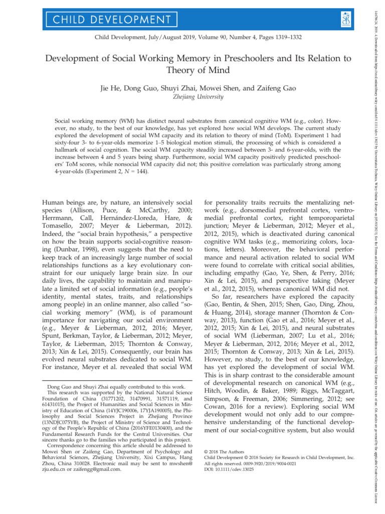 Child Development - Development of Social Working Memory in Preschoolers and Its Relation To ...