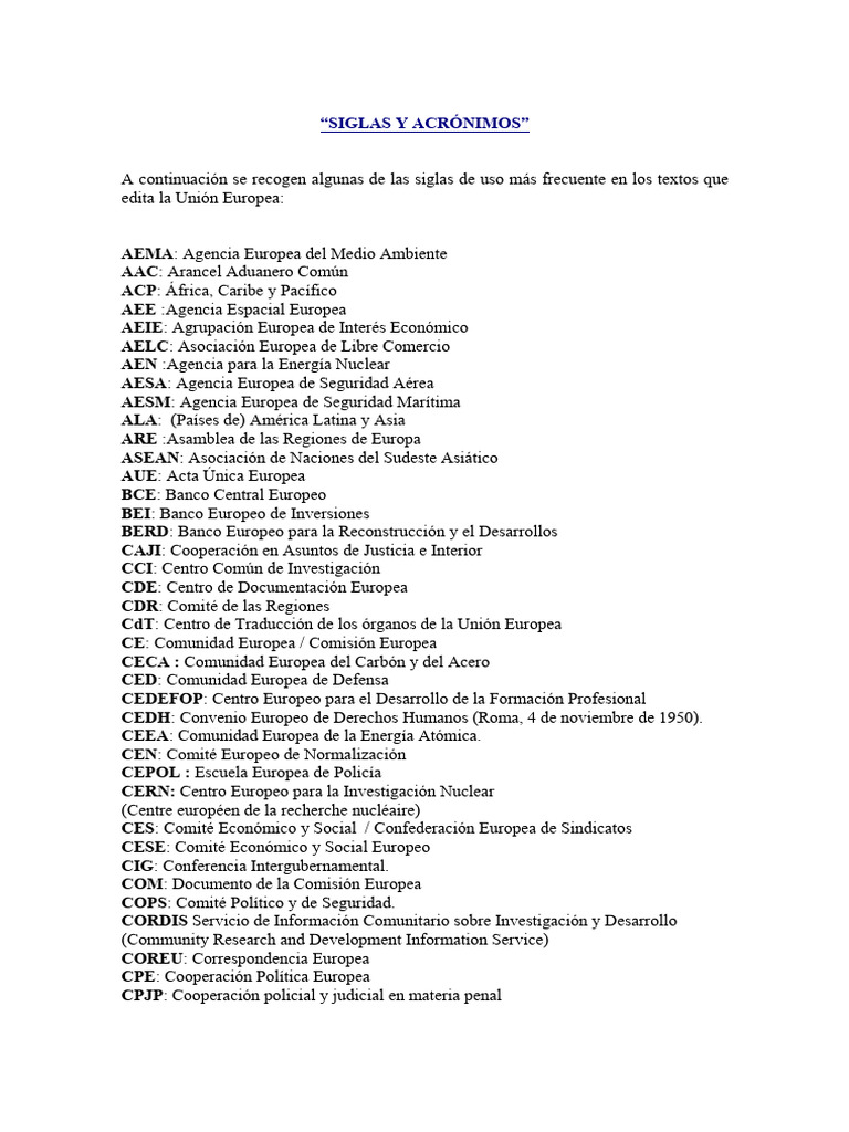Siglas y Acrónimos de la UE | PDF | Viajes y turismo