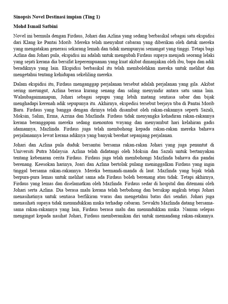 Sinopsis Novel Destinasi impian | PDF
