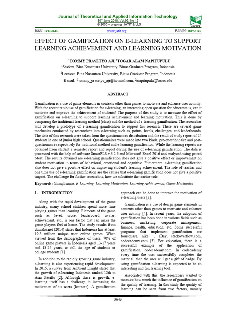 Effect of Gamification On Elearning To Support Learning Achievement and ...
