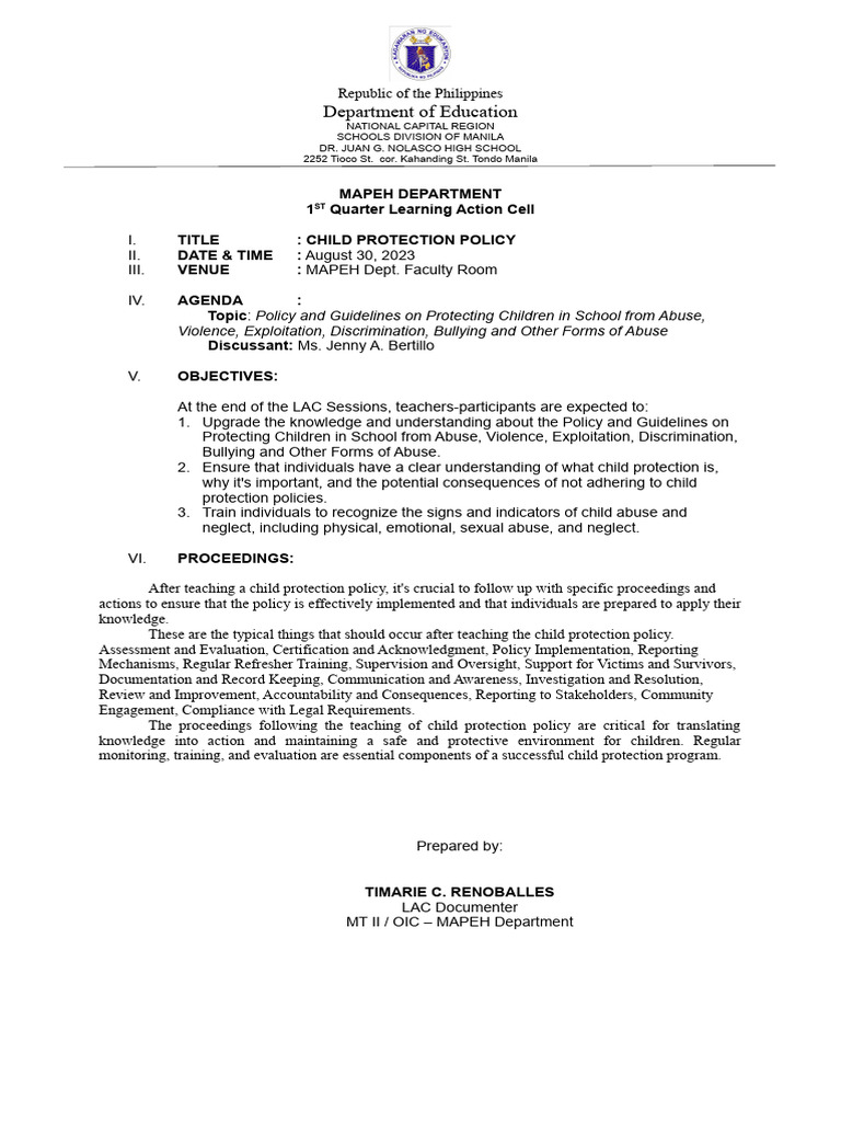 Child Protection Lac Reflection | PDF