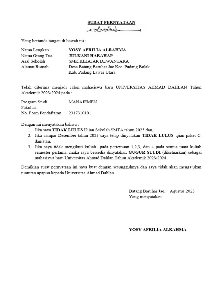 SURAT PERNYATAAN Universitas Ahmad Dahlan | PDF SURAT PERNYATAAN Universitas Ahmad Dahlan | PDF
