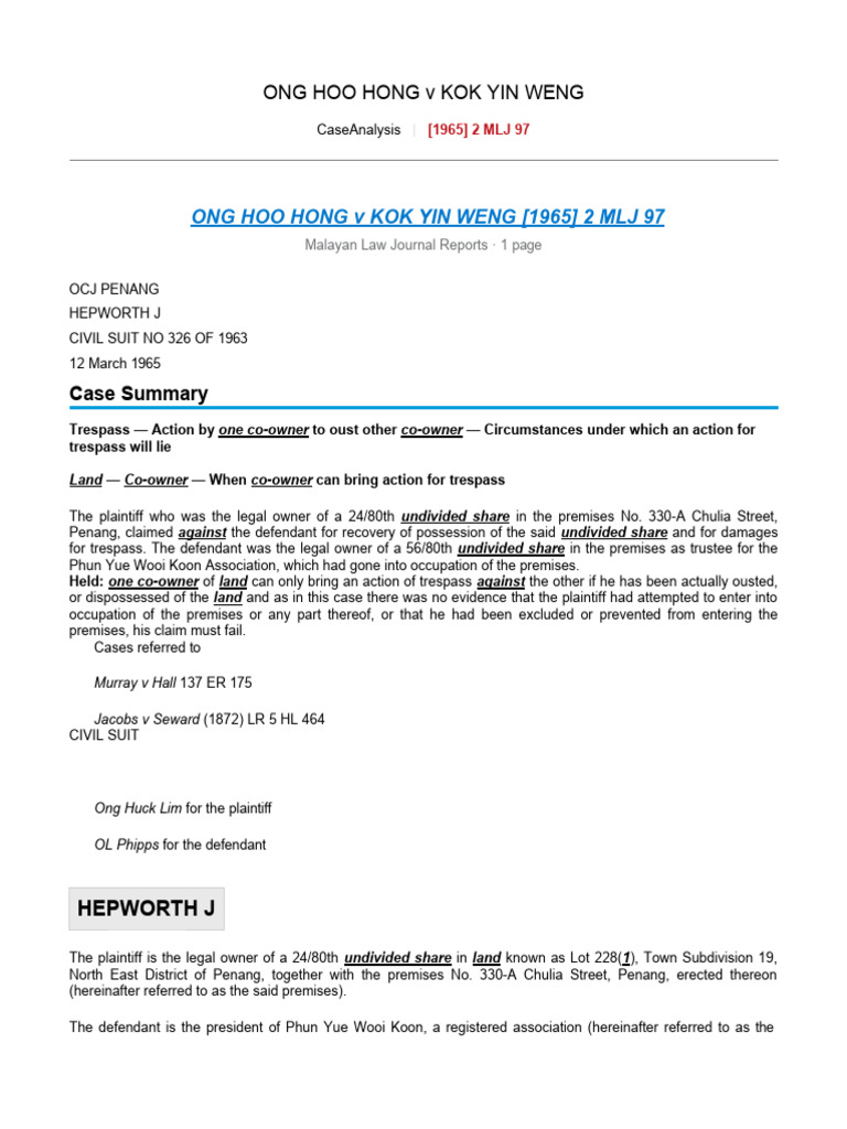 ONG HOO HONG V KOK YIN WENG, (1965) 2 MLJ 97 | PDF