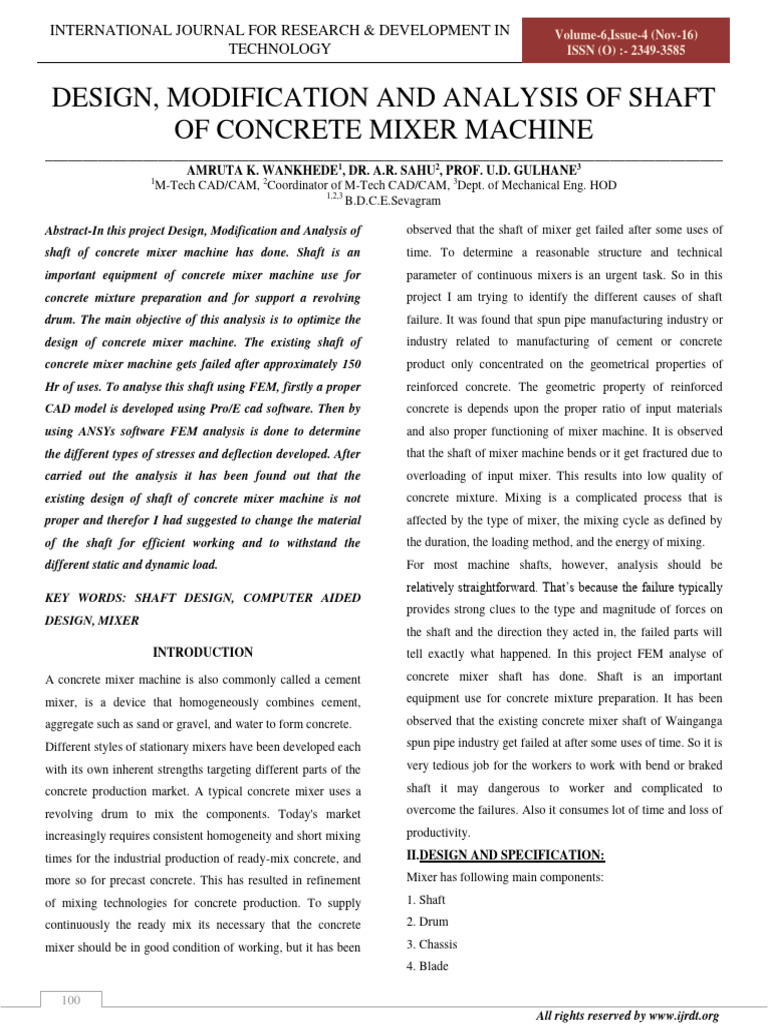 6397119design, Modification and Analysis of Shaft of Concrete Mixer Machine | PDF