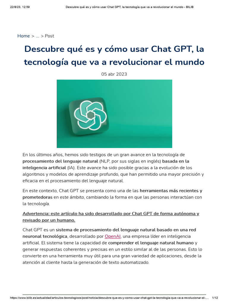 Descubre Qué Es y Cómo Usar Chat GPT, La Tecnología Que Va A Revolucionar El Mundo - BILIB | PDF ...