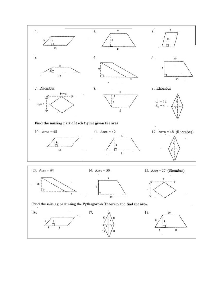 area rhombus, paralelogram and trapezoid | PDF