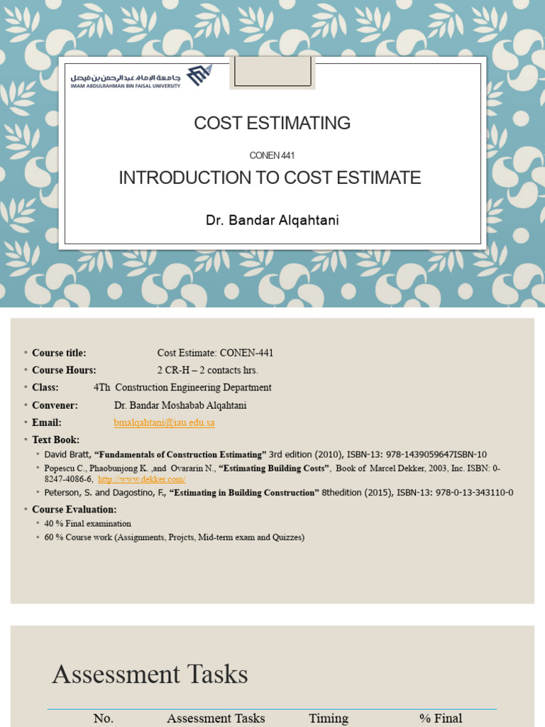 Lecture 1 Cost ESTIMATE - 2023 | PDF | Business