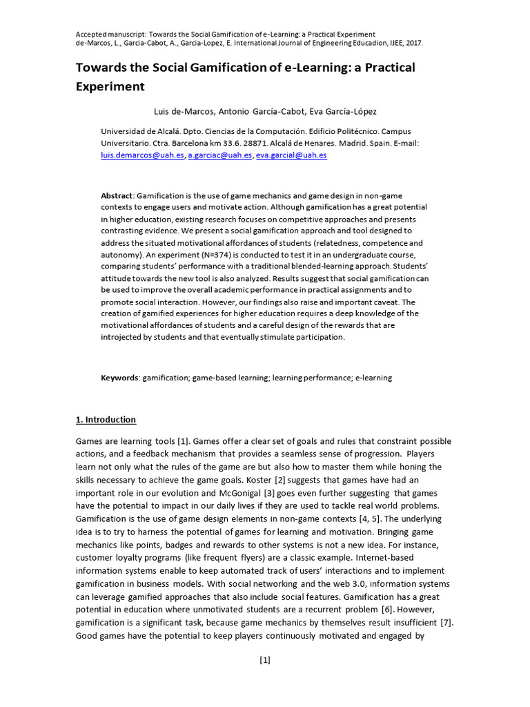 Social Gamification in e-Learning Experiment | PDF | Career & Growth ...