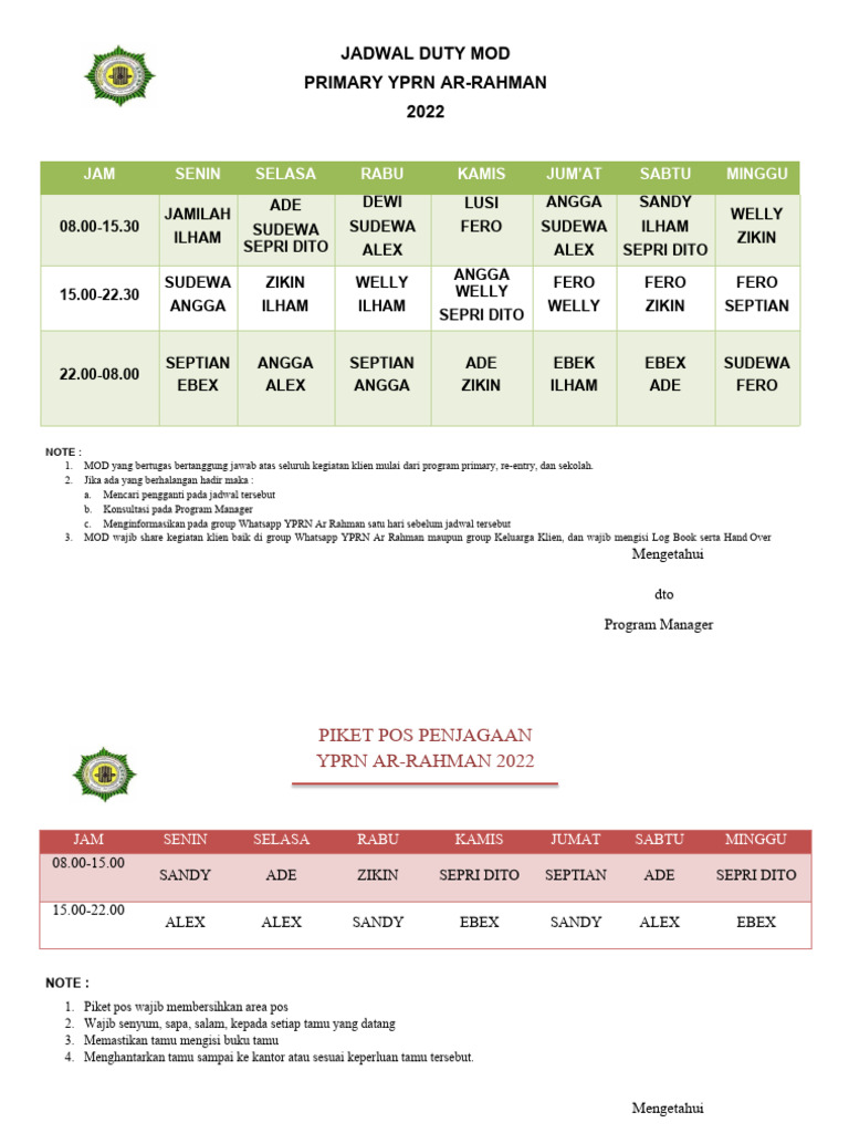 Jadwal Duty Mod Dan Pos Penjagaan 2022 | PDF
