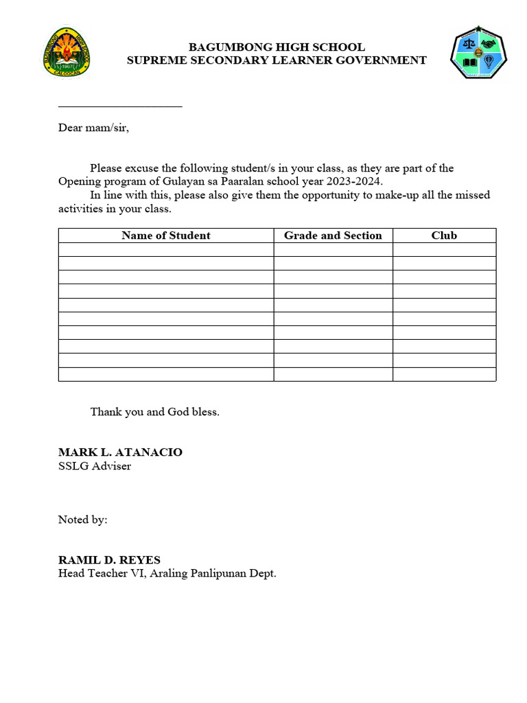 SSLG Excuse Letter | PDF