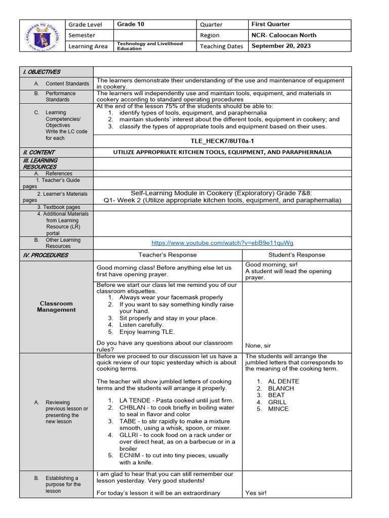 DLP COT1 Tools-Cookery | PDF