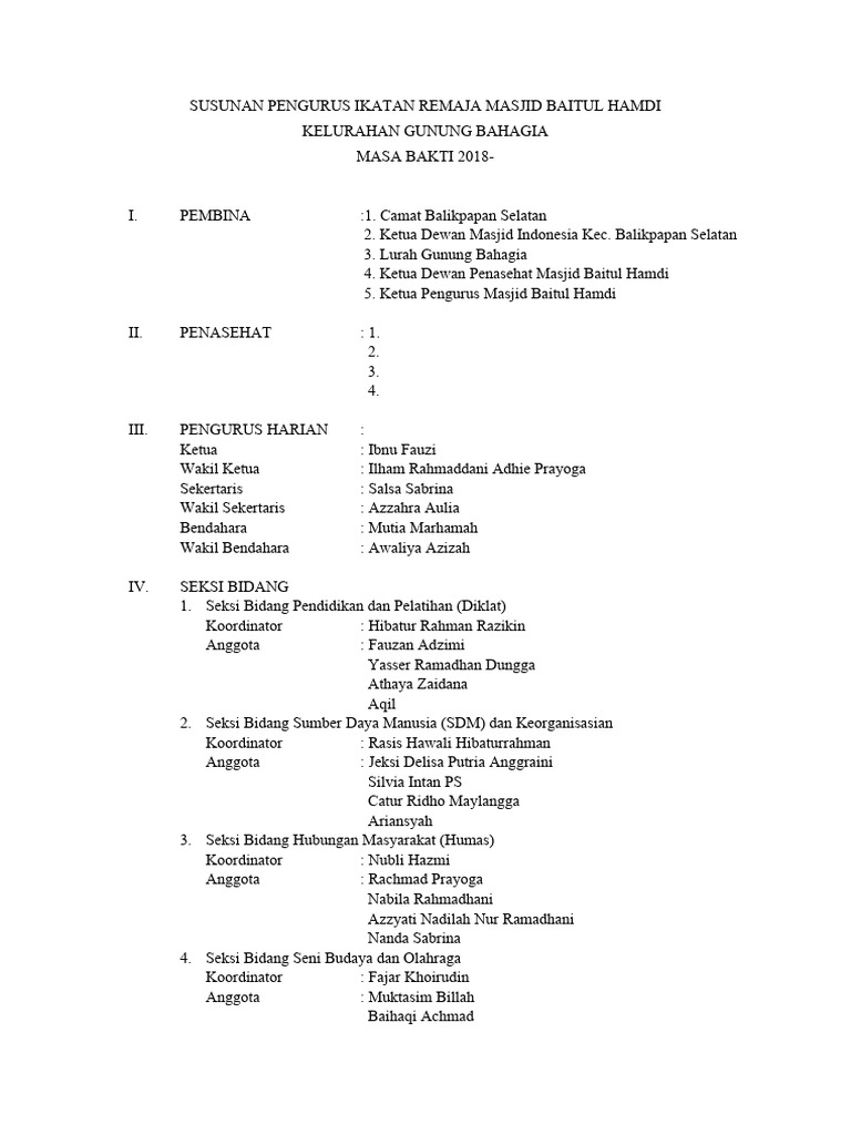 Susunan Pengurus Ikatan Remaja Masjid Baitul Hamdi | PDF
