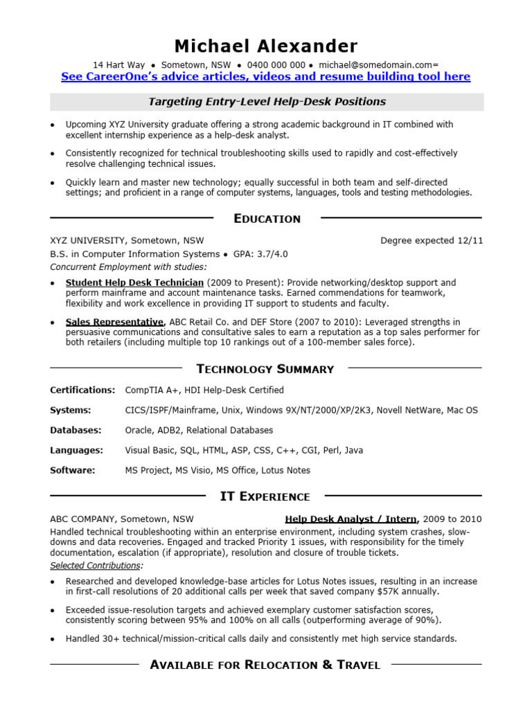 CV Template IT Help Desk | PDF