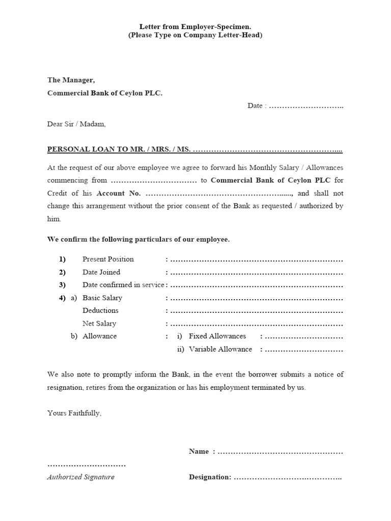 COM BANK (Letter from Employer - format) by Ameen Azeez | PDF