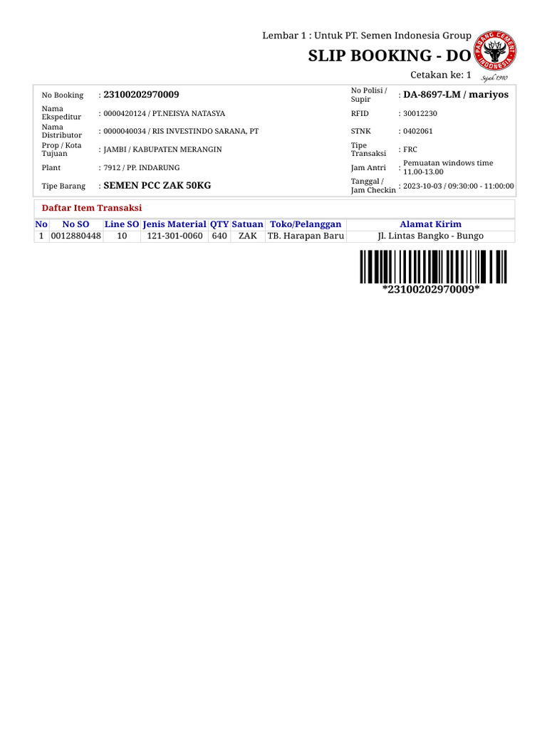 Slip Booking - Do: 23100202970009 DA-8697-LM / Mariyos | PDF