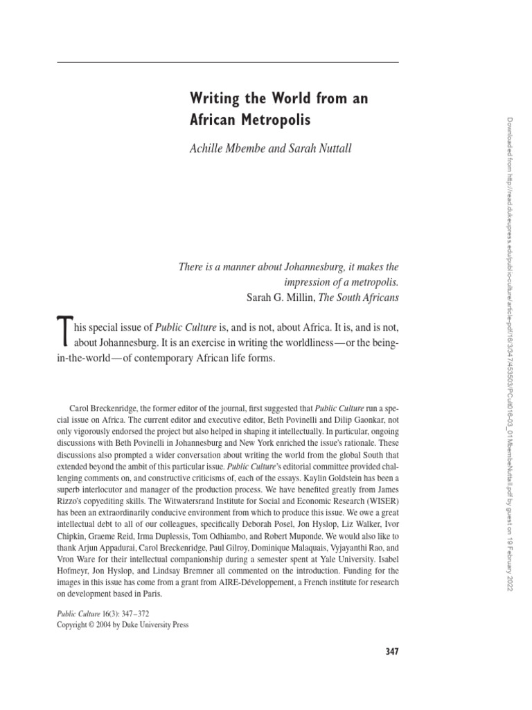 Writing The World From An African Metropolis | PDF | History