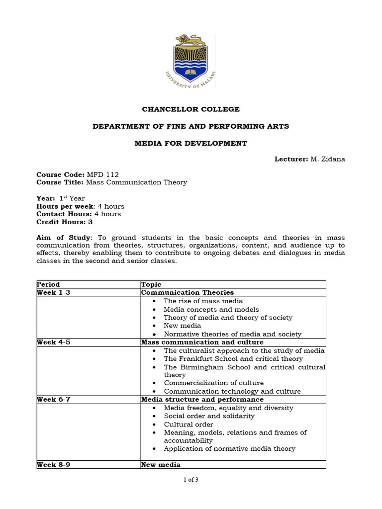 MFD 112.mass Communication Theory - Course Outline.2023 | PDF