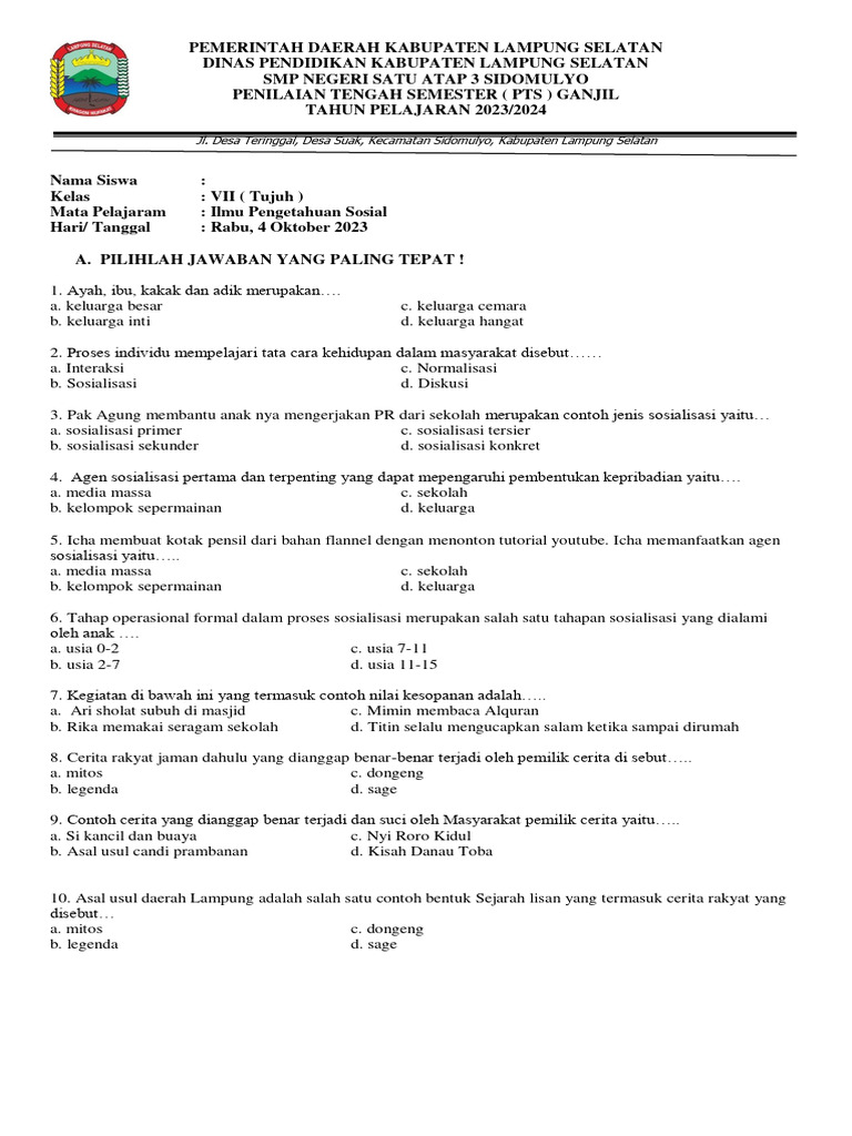 Soal PTS IPS Kelas 7 SMT 1 TP 23-24 | PDF
