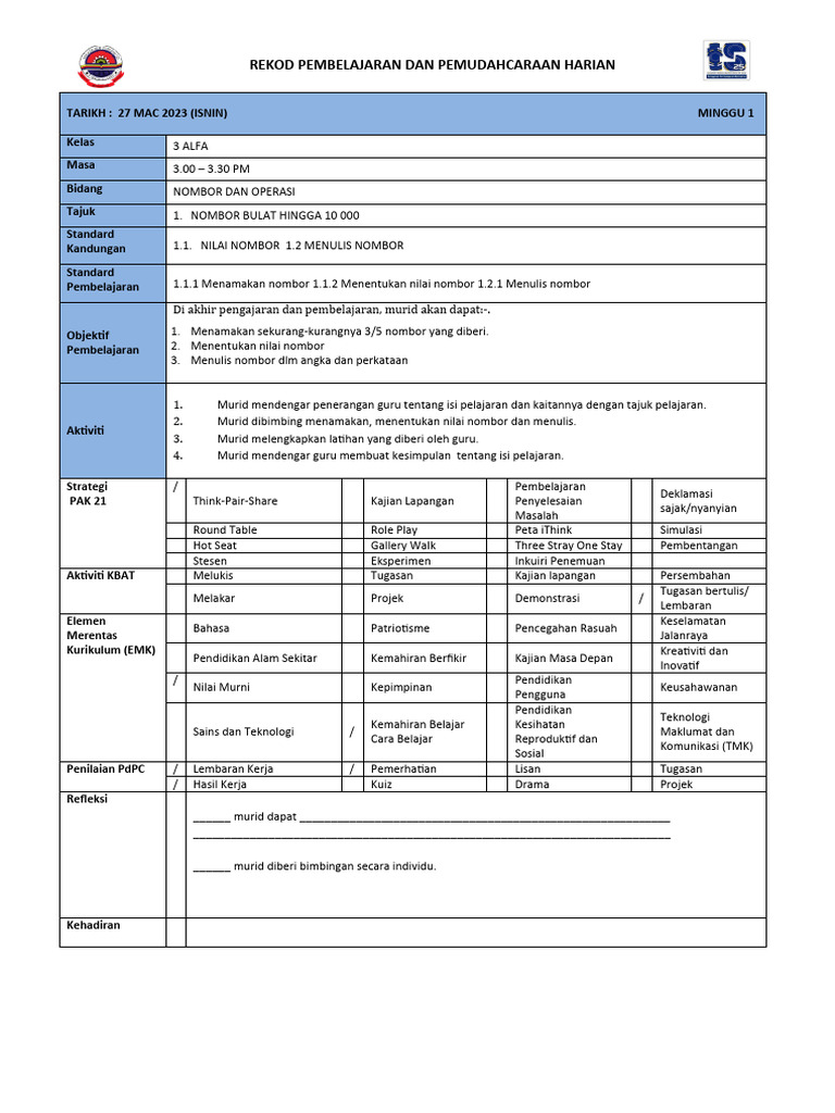 Contoh Rekod Pembelajaran Dan Pemudahcaraan Harian (PDPC) | PDF