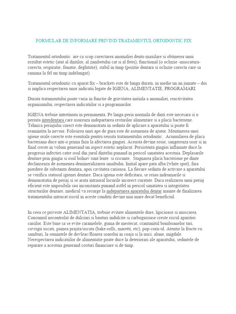 Indicatii Pentru Pacienti Cu Aparat Ortodontic Fix | PDF