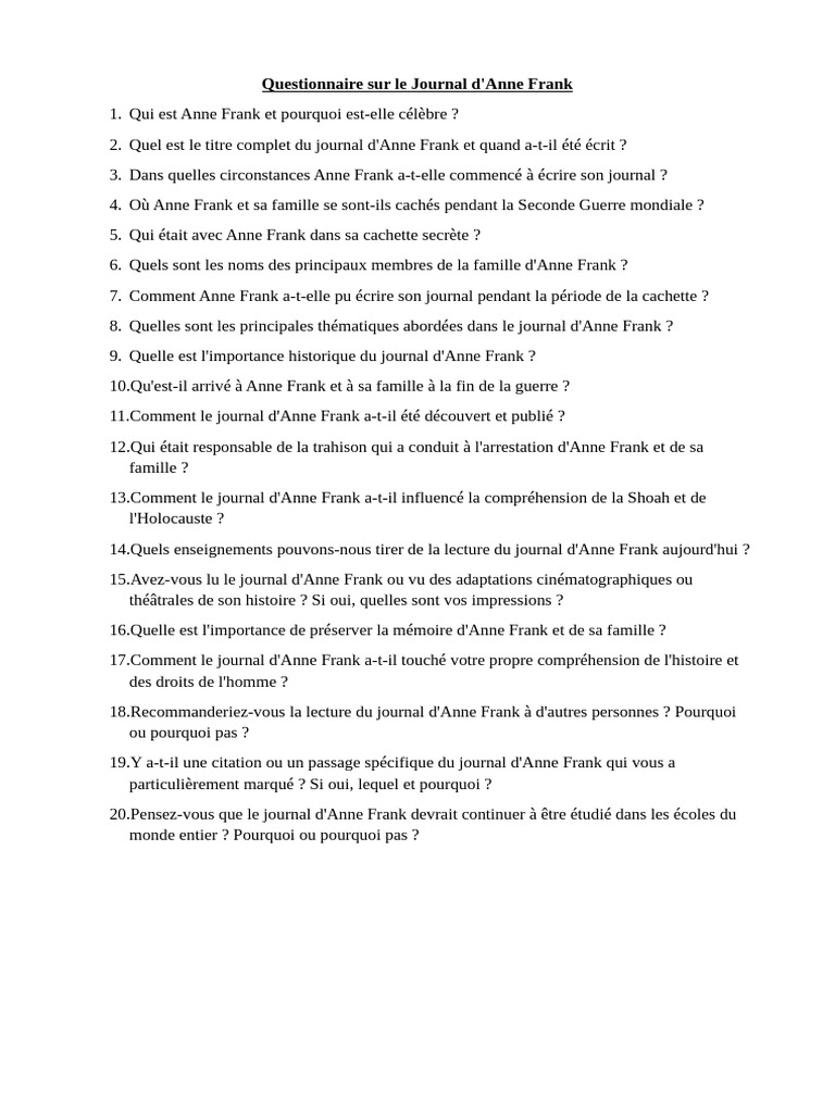 Questions Anne Frank | PDF