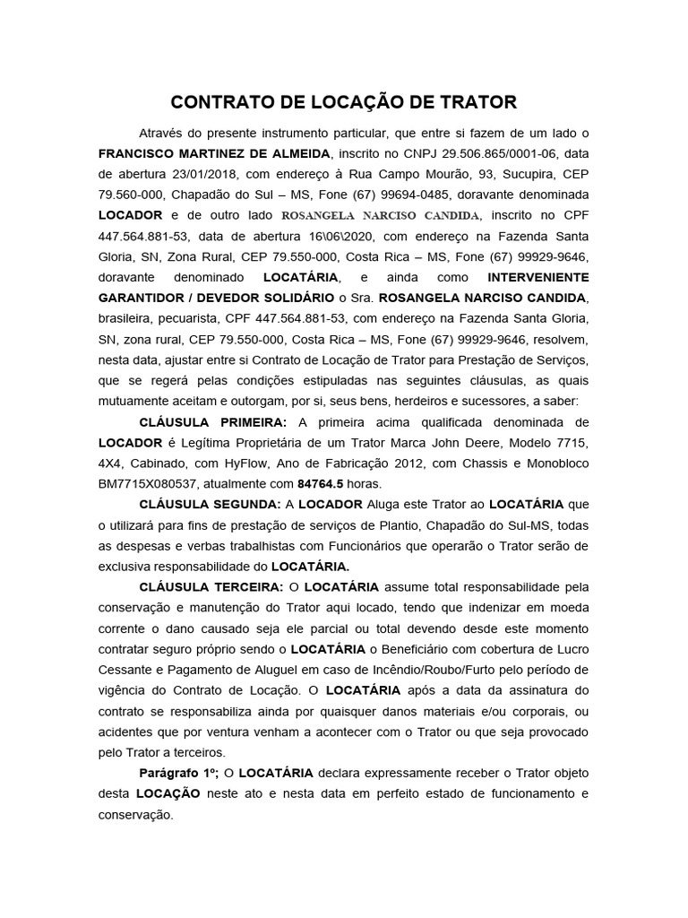 Contrato de Locação de Trator Alex | PDF