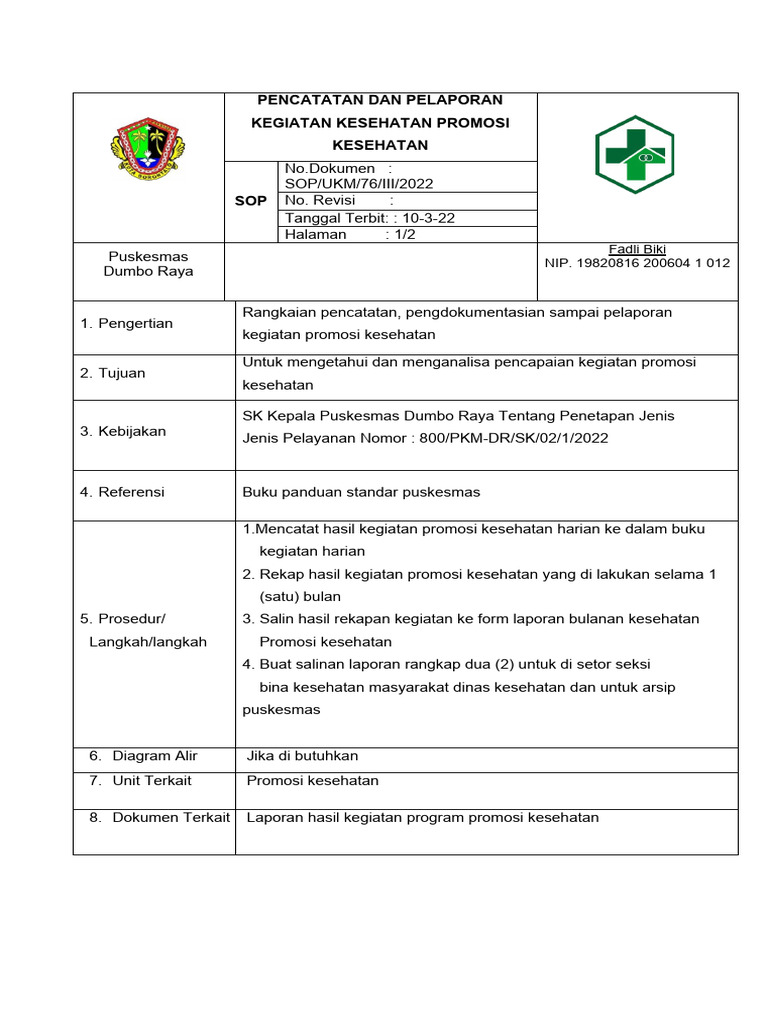 Sop Pencatatan Pelaporan Promkes | PDF