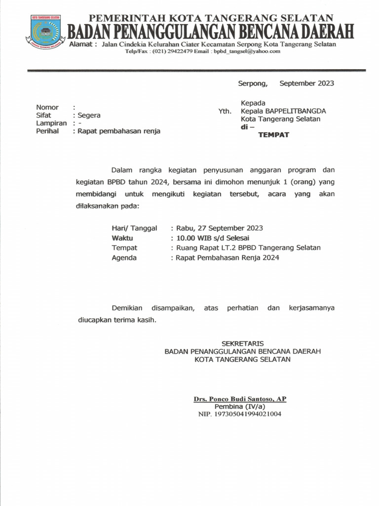 Surat Undangan Rapat Pembahasan Renja 2024-001 | PDF