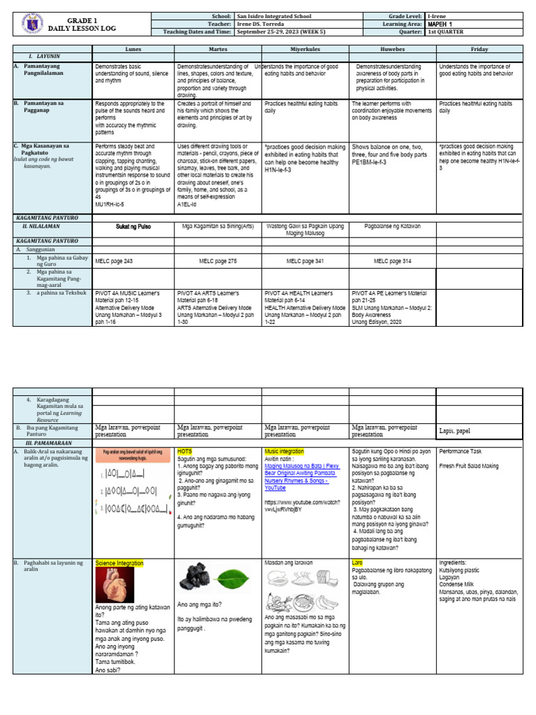 Q1 - W5 - DLL - Mapeh Sep. 25 29 2023 | PDF