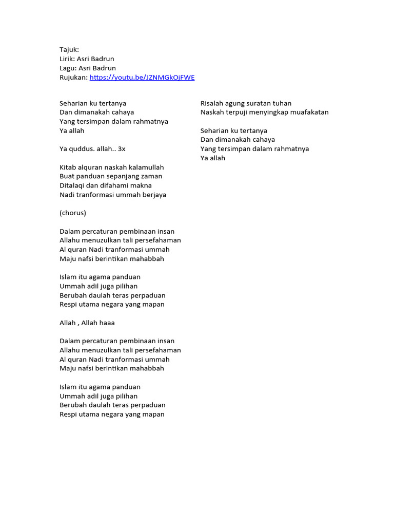 Lirik Nasyid 2015 Lagu Masri | PDF