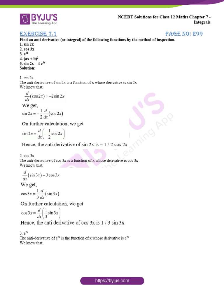 NCERT Solutions For Class 12 Maths Chapter 7 Integrals Exercise 7 1 ...