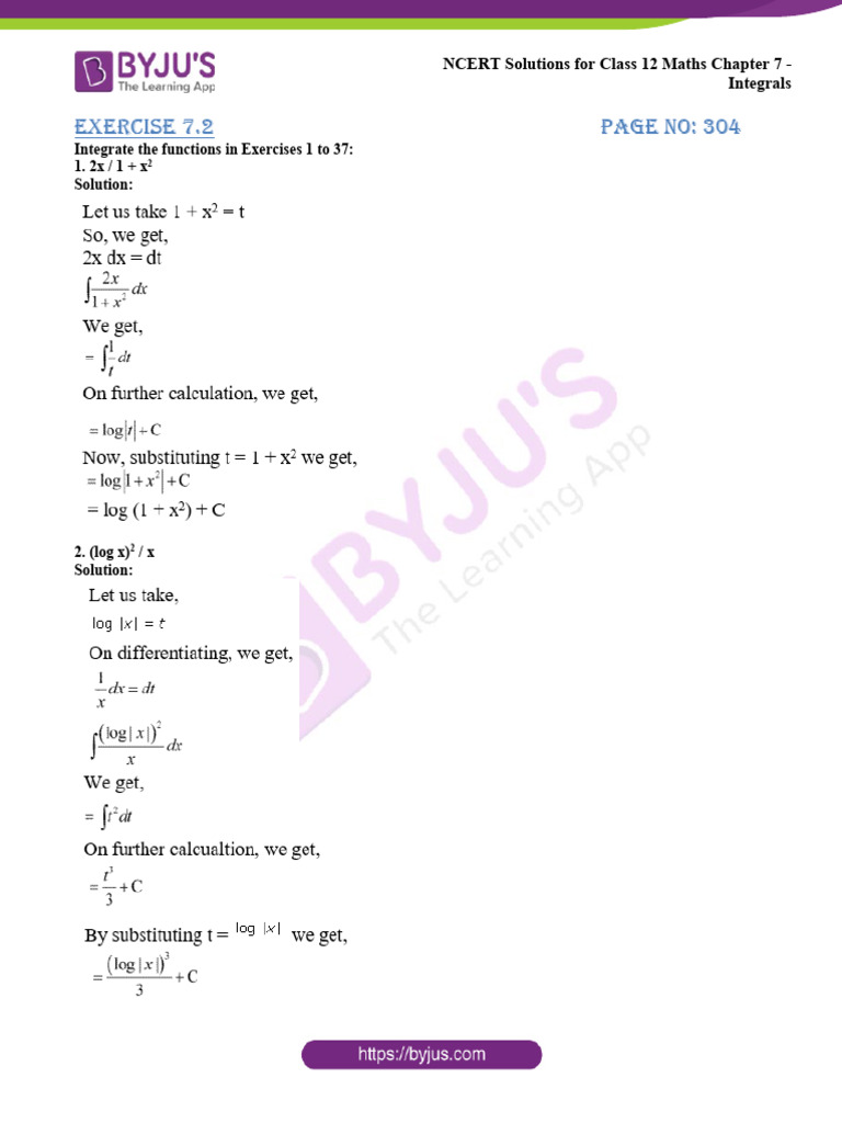 NCERT Solutions For Class 12 Maths Chapter 7 Integrals Exercise 7 2 | PDF