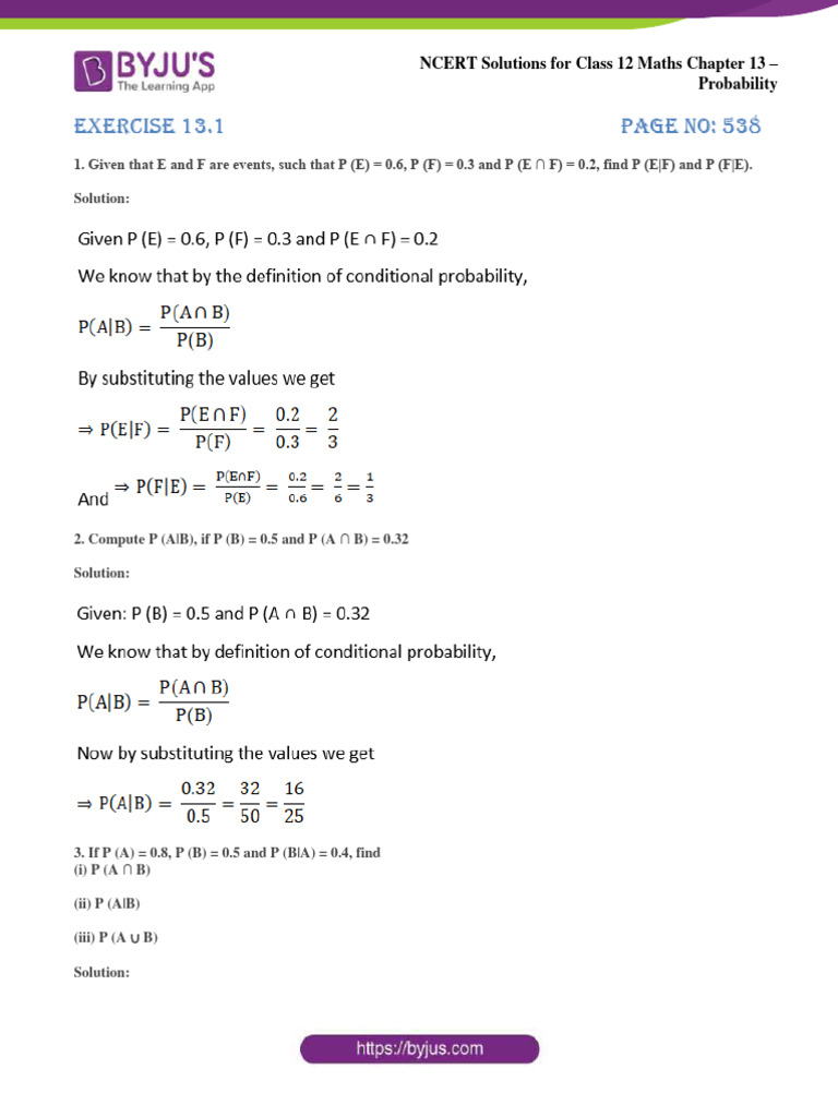 NCERT Solutions For Class 12 Maths Chapter 13 Probability | PDF