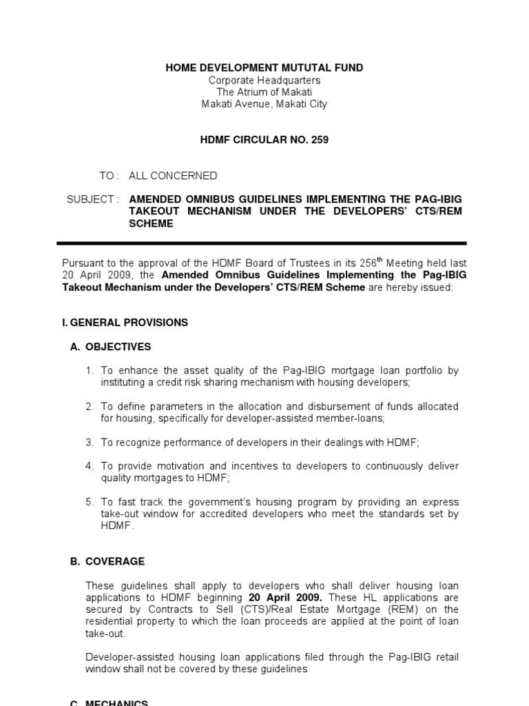 HDMF Circular 259 | Loans | Mortgage Loan