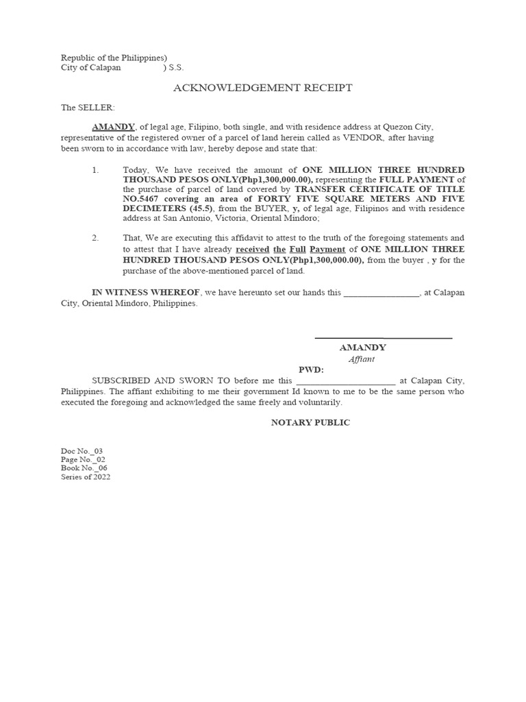 Acknowledgement Receipt for Land Payment | PDF