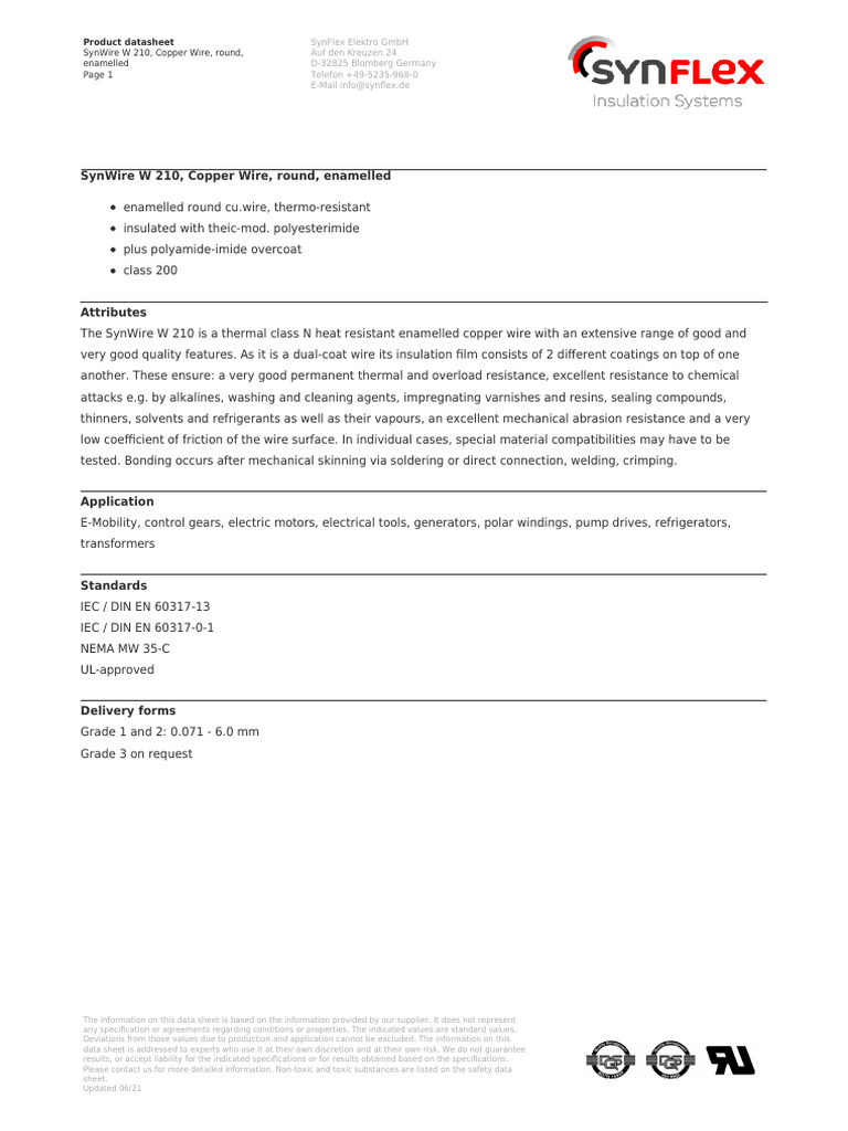 synwire-w-210-copper-wire-round-enamelled_datasheet | PDF