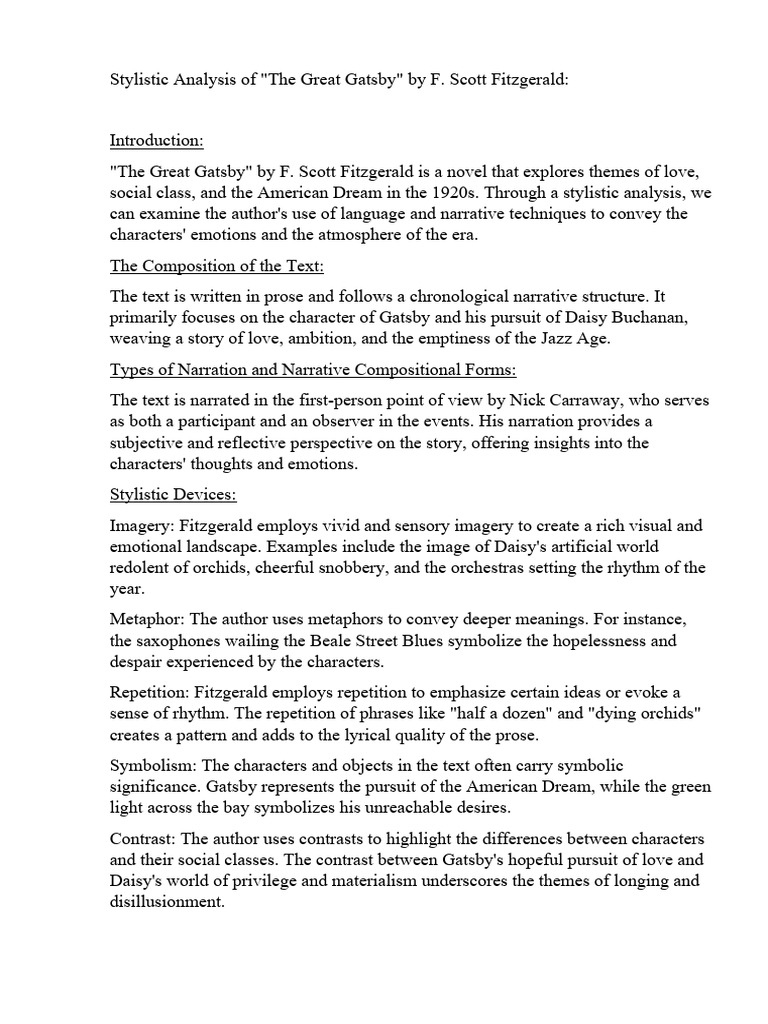 Stylistic Analyse The Great Gatsby | PDF | The Great Gatsby | Narrative