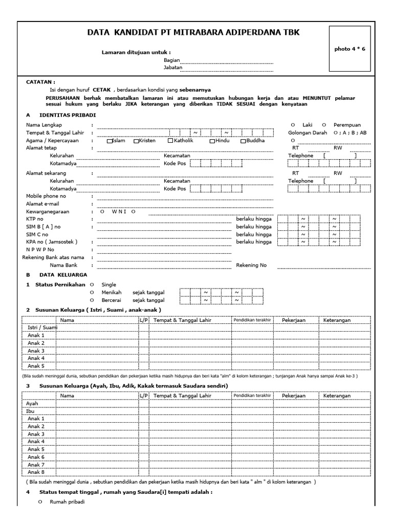 Form Isian Data Kandidat PT Mitrabara Adiperdana TBK - New | PDF