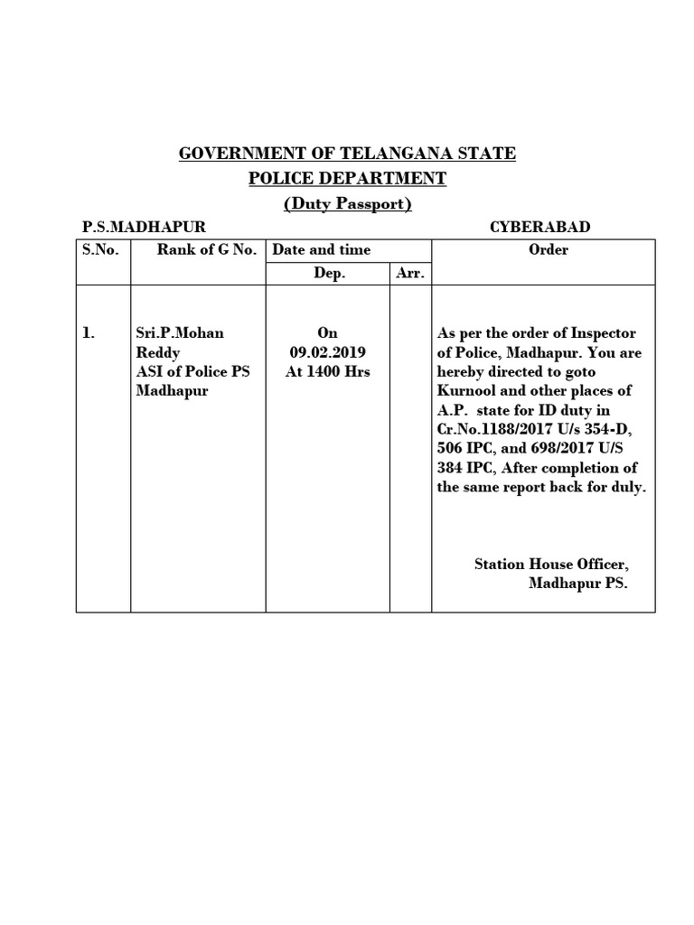 Telangana Police ID Duty Order | PDF