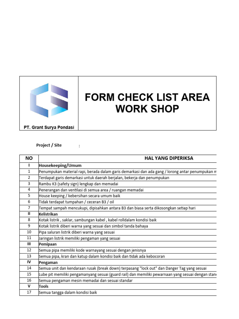 Form Check List Area Work Shop | PDF