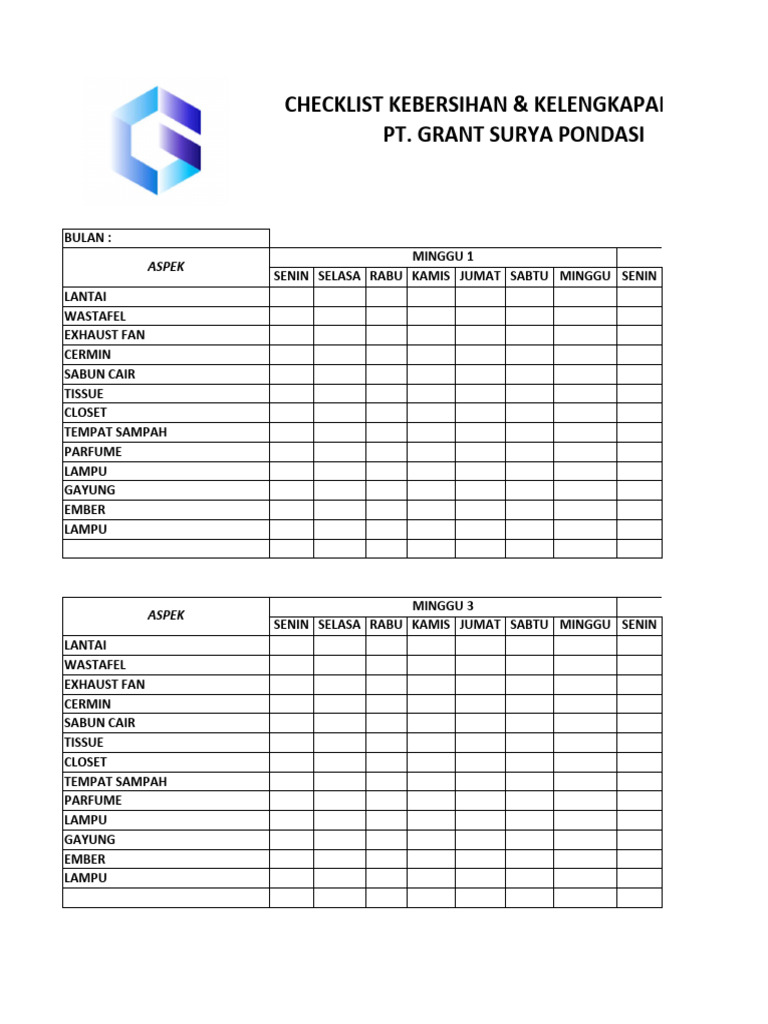Form Checklist Kebersihan Kamar Mandi & Kelengkapan Toilet | PDF