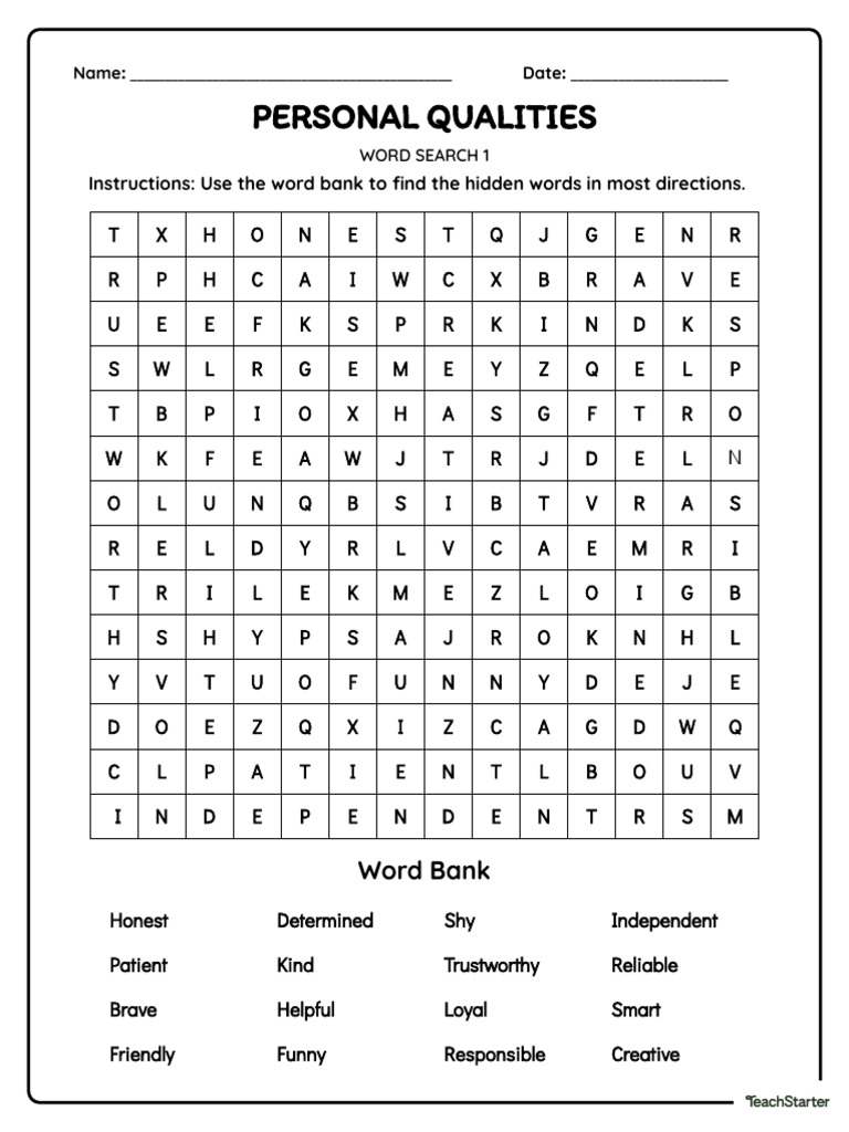 Personal Qualities Word Search Printable PDF | PDF